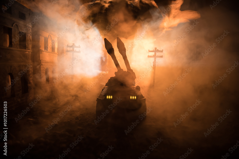 Rocket launch with fire clouds. Battle scene with rocket Missiles with ...