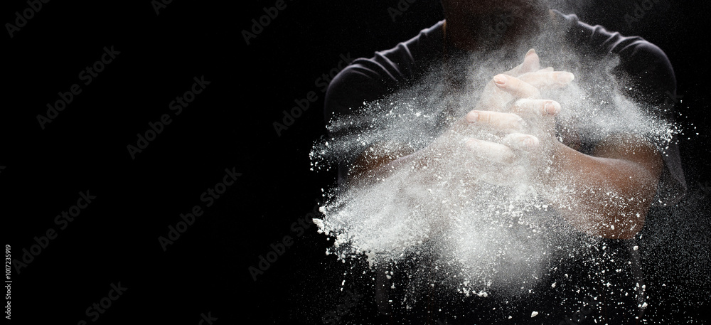 Chef prepare white flour dust for cooking bakery food. Elderly man Chef ...