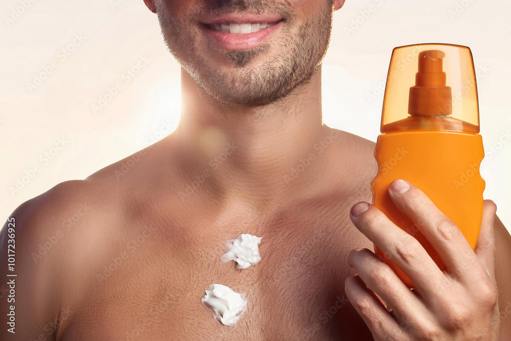 persona mira de frente, usa protector solar, concepto cuidado del sol ...