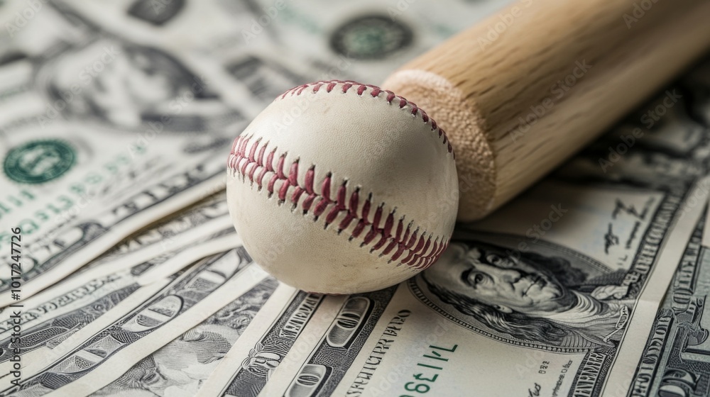 A wooden baseball bat rests next to a baseball, both placed on a pile ...