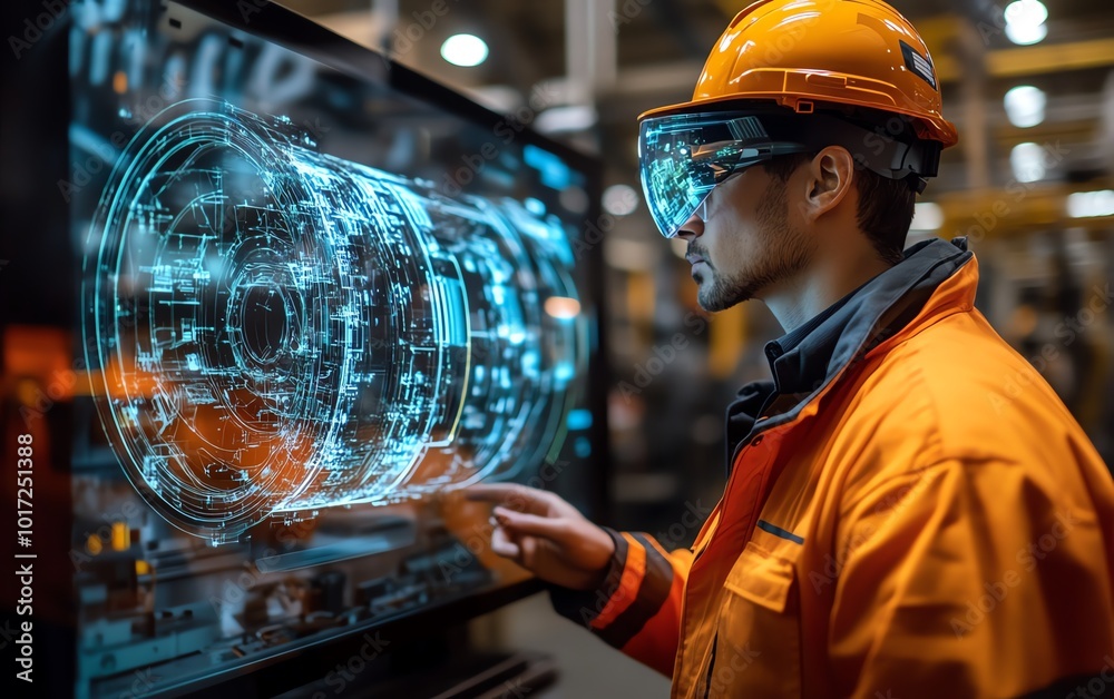 In an advanced manufacturing environment, a worker examines a ...