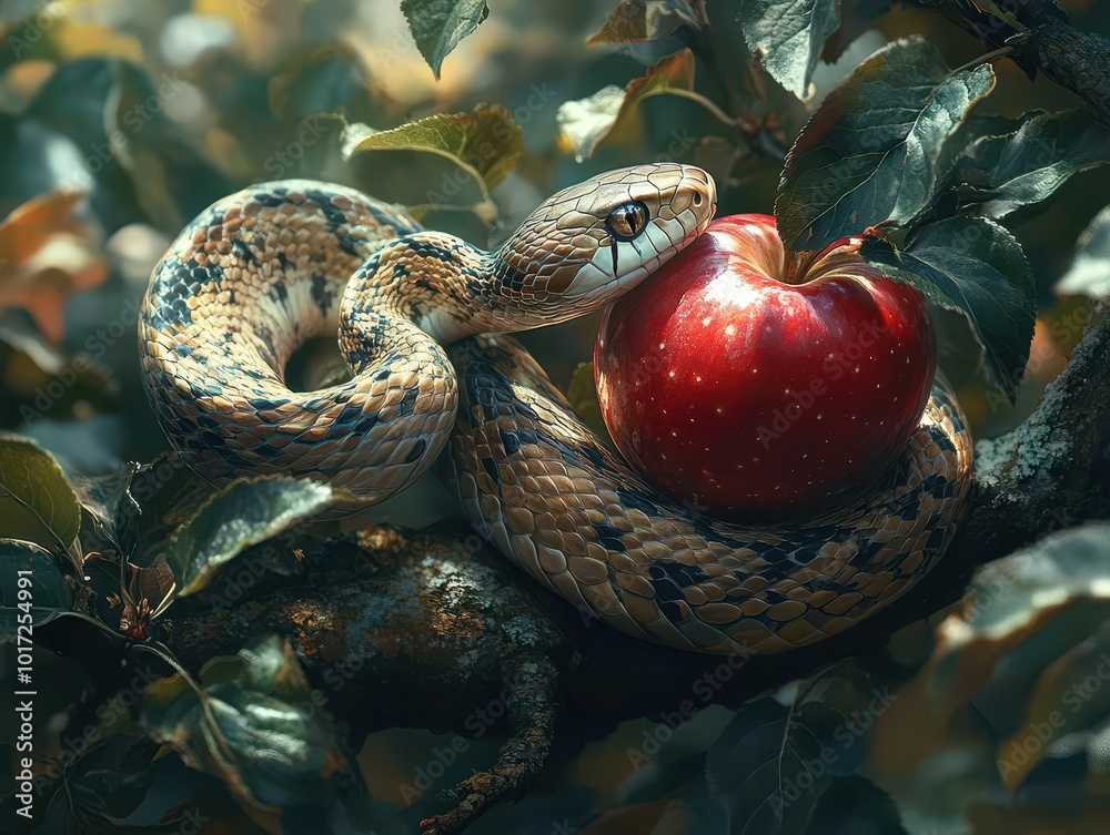 vibrant snake coiled around a shiny red apple in a lush apple tree ...