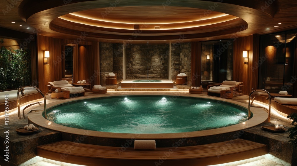 A high-end circular spa, featuring hot tubs and cozy lounging areas ...
