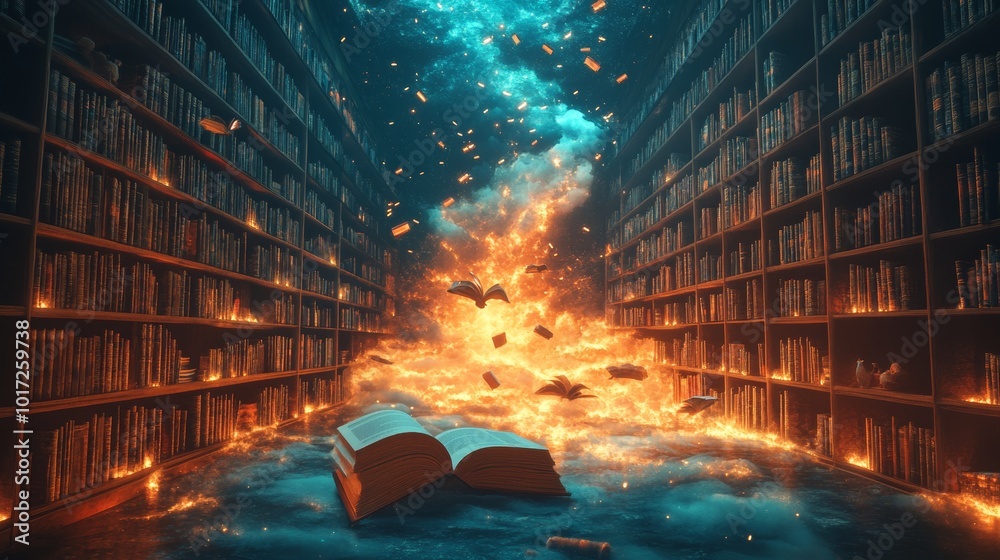 Massive infinite library with flying books and rivers of glowing ...