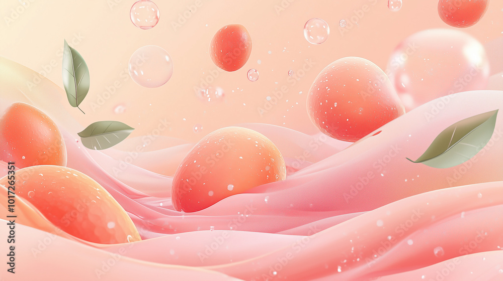 Cartoon Illustration of Pink Peaches and Rice Floating Above Clean Wine ...