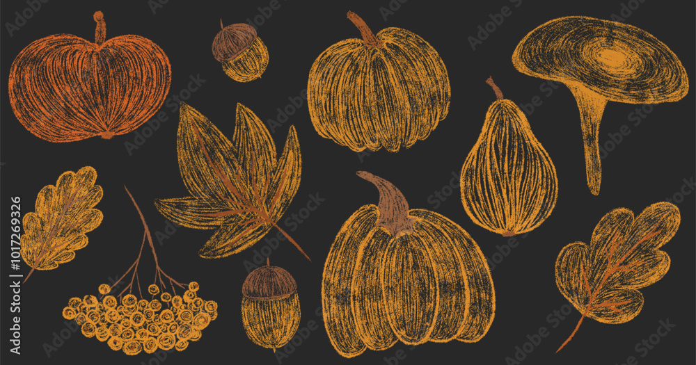 Autumn big chalk hand drawing set. Pencil texture childish fall ...