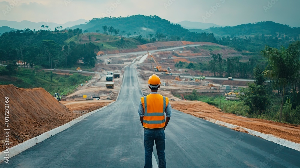 Civil engineer overseeing road construction for safety and quality on ...
