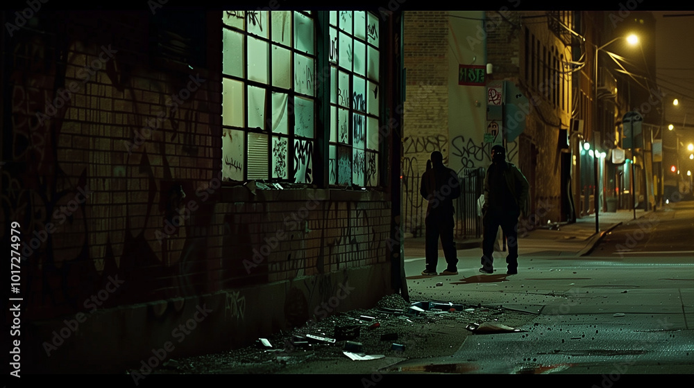 Poster Dark alleyway at night with shadowy figures symbolizing gang ...