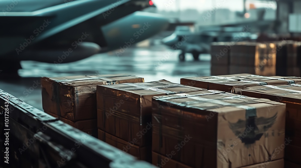 Cargo boxes are stacked at an airport, ready for loading onto an ...