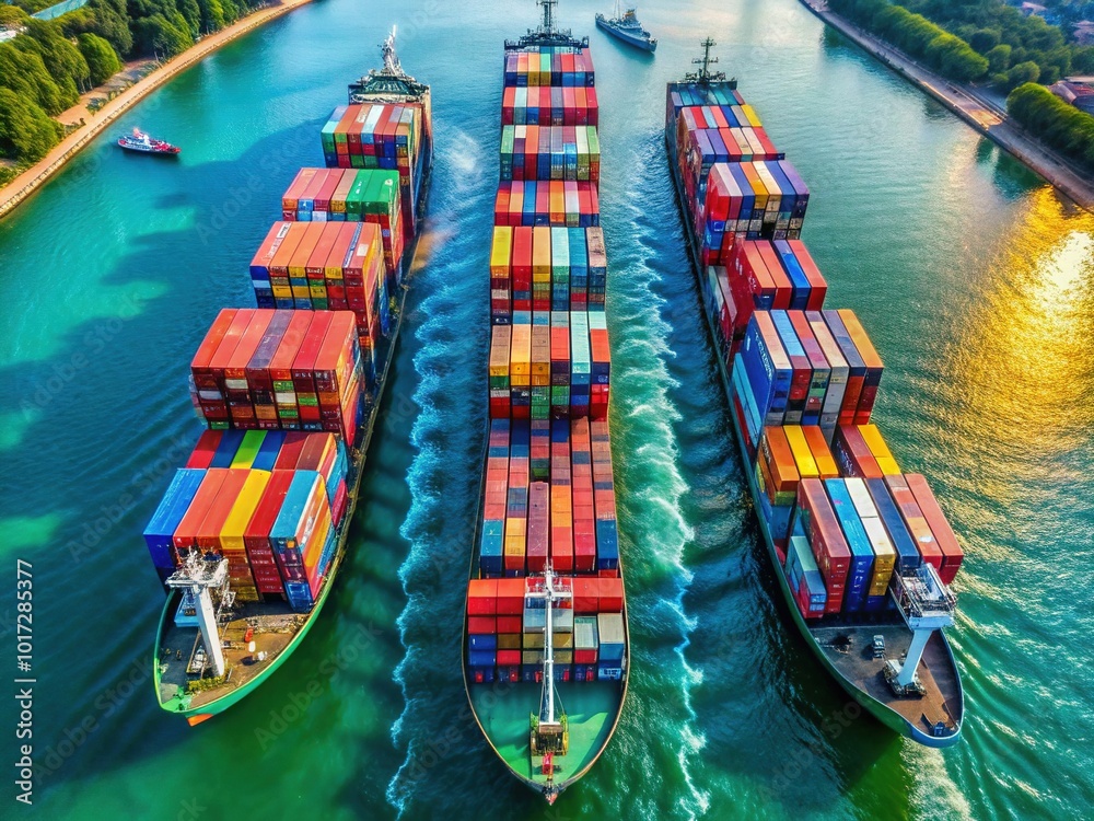 Aerial View Of A Fleet Of Cargo Ships With Colorful Logos On Their ...