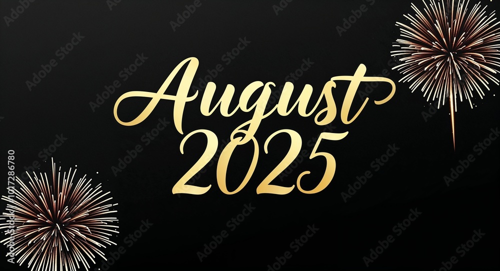 august 2025 calligraphic gold lettering with fireworks on plain black ...
