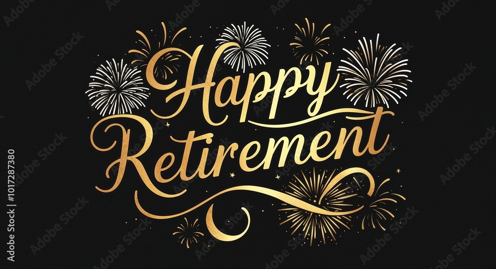 happy retirement calligraphic gold lettering with fireworks on plain ...