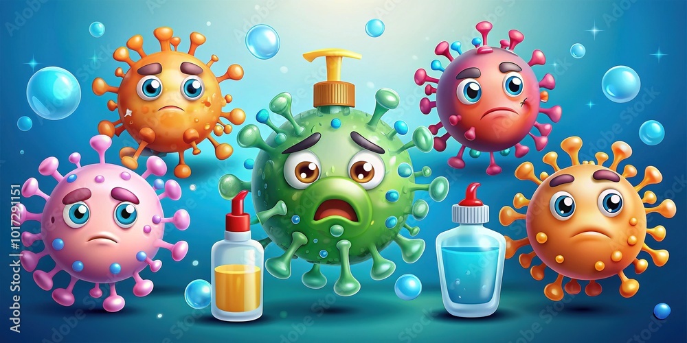 Colorful cartoon illustration of coronavirus cells with sad facial ...