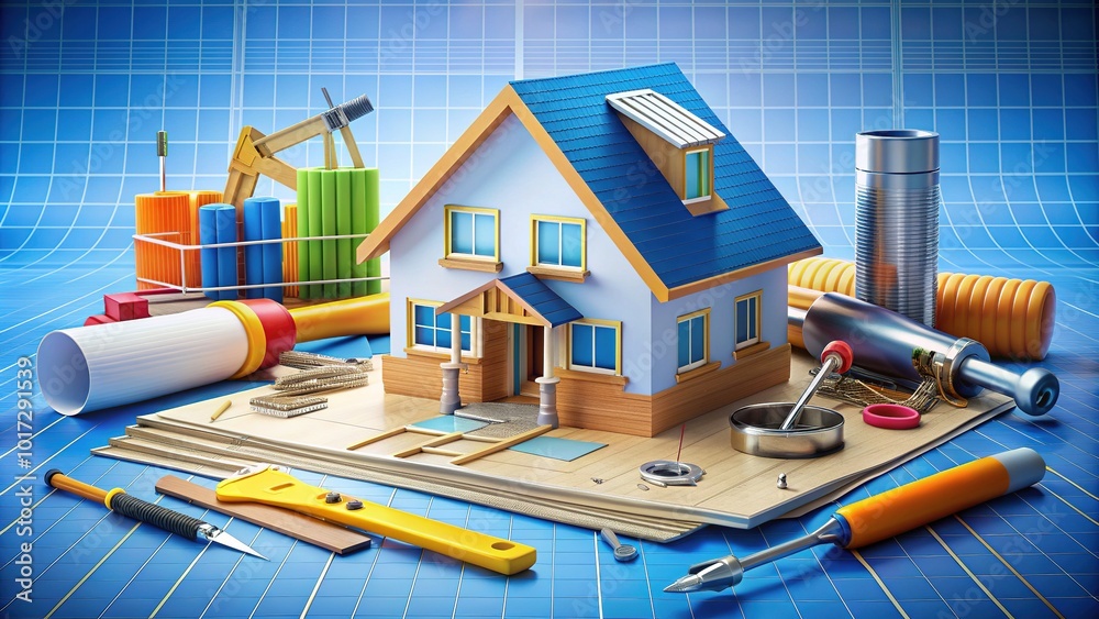 Colorful illustration of a house undergoing renovation, with building ...