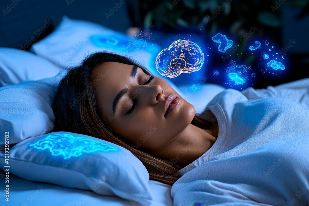 Realistic depiction of a person drifting into sleep, with images of ...