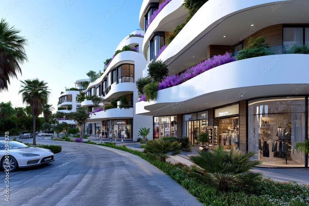 Realistic scene of a newly built mixed-use development with shops ...
