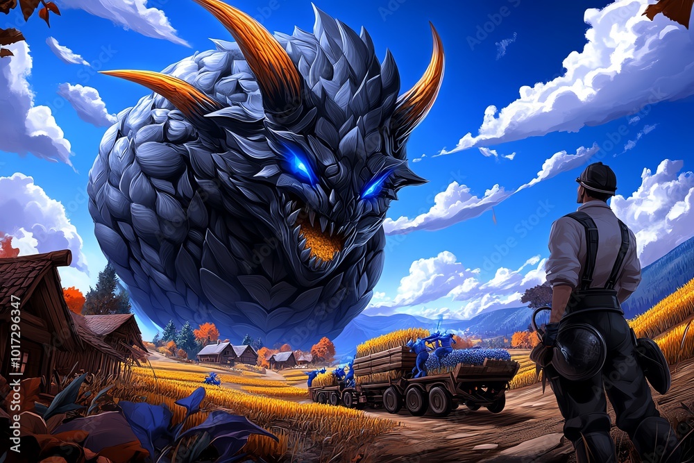 Fantasy scene of farmers using magical creatures to transport crops ...