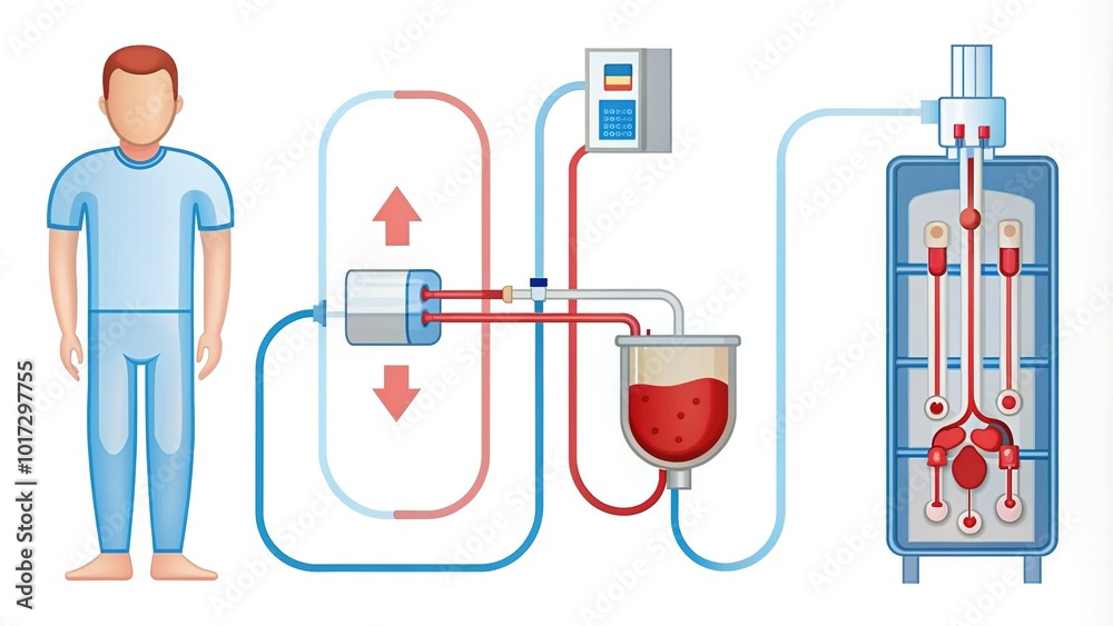 Illustrated vector diagram showing the process of hemodialysis, with ...