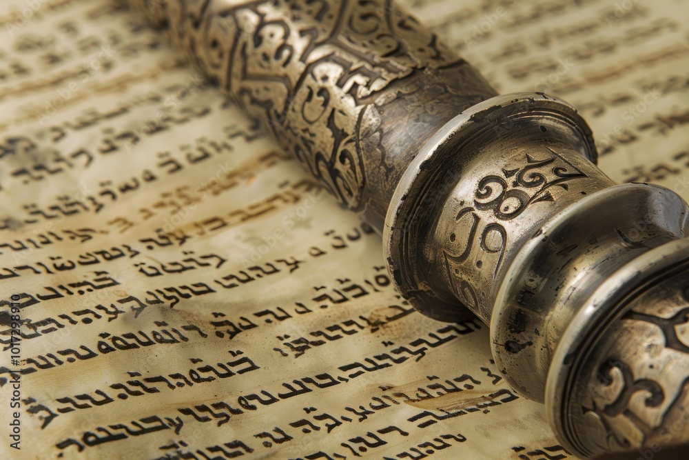Ancient Torah Scroll, Ornate Handle, Script Close-Up, Jewish Heritage ...
