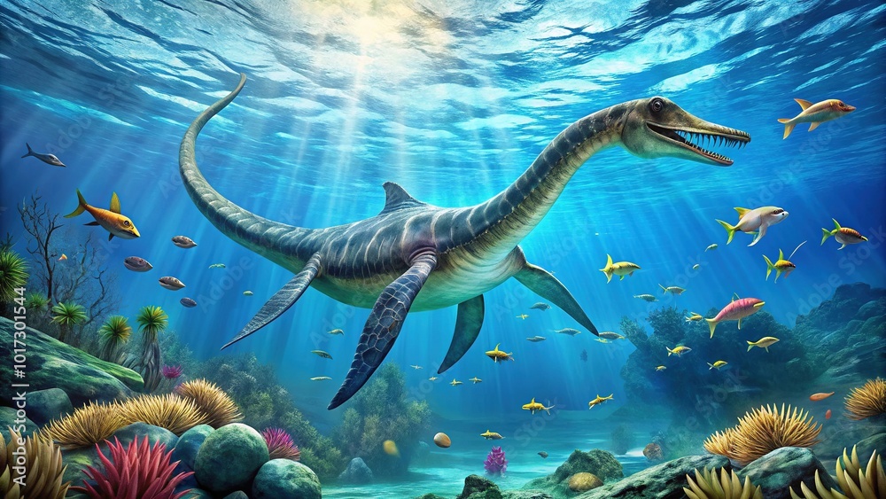 Prehistoric marine reptile plesiosaur swims in ancient ocean, its long ...