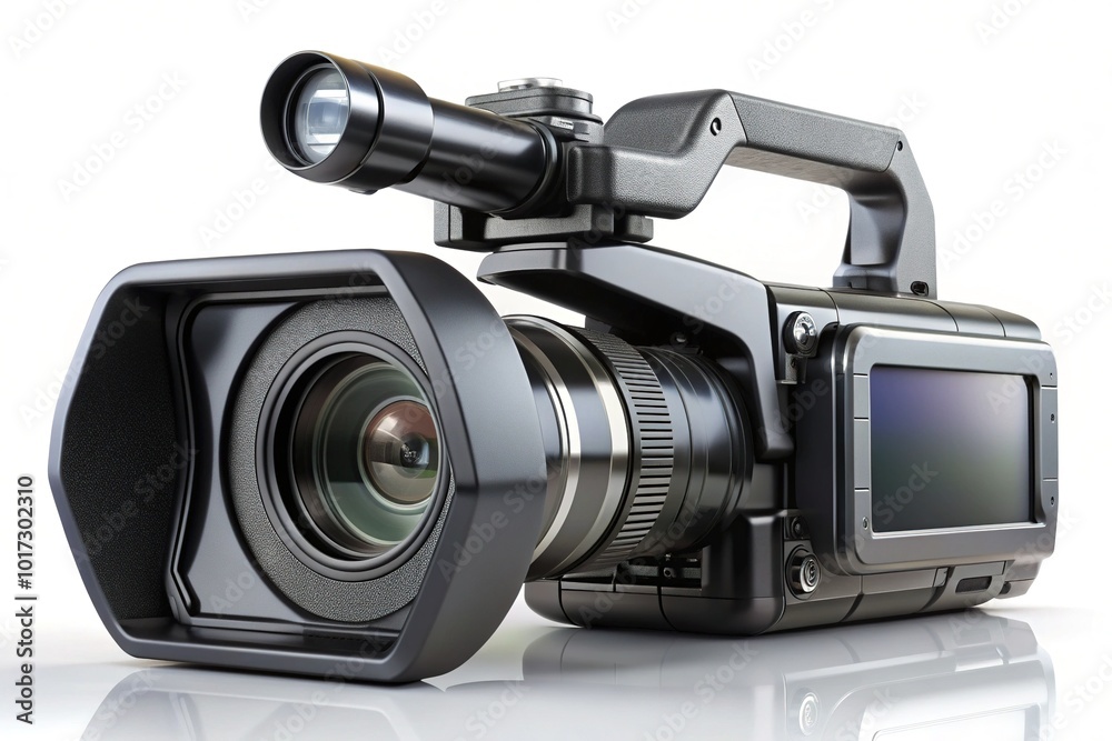 Sleek black video camera outlined in white against a transparent ...