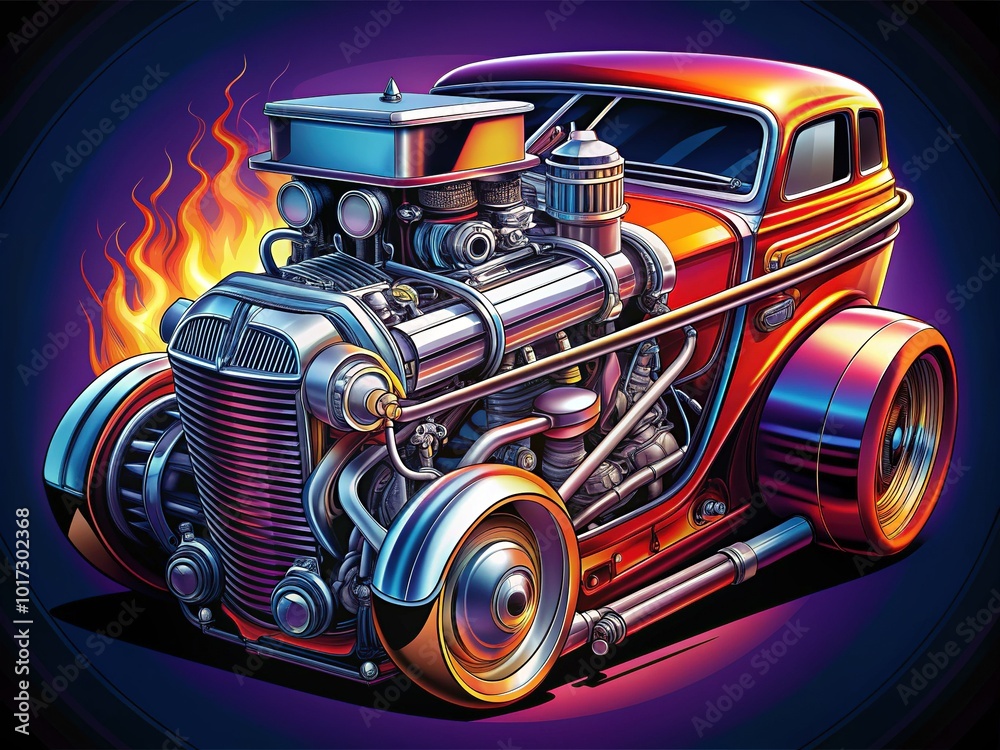 Sleek, high-performance hot rod engine illustration in bold, vibrant ...