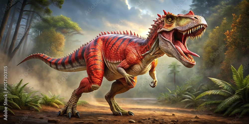 The fierce predator Ceratosaurus, striped in red and beige, growls ...