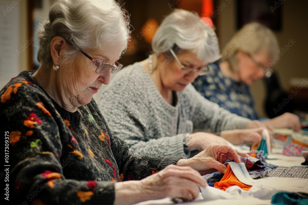 Elderly women in a sewing group, each focused on their projects ...