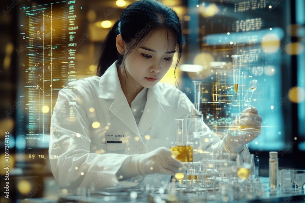 Very realistic and photographic photo of an Asian Chinese lab chemist ...