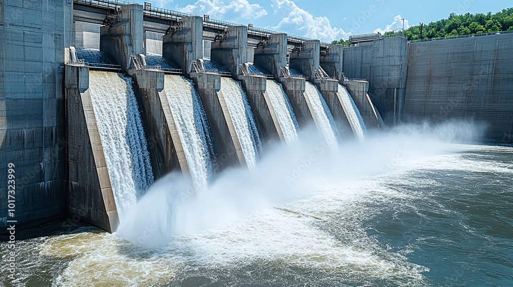 the structure of a dam, engineering detail and the water pouring out in ...