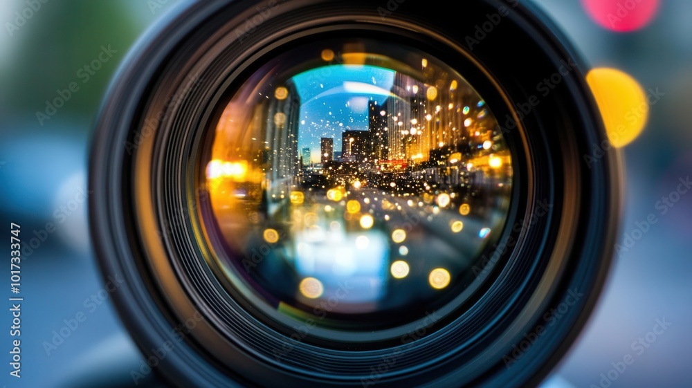 Zoomedin view of a camera lens, reflecting the scene its capturing with ...