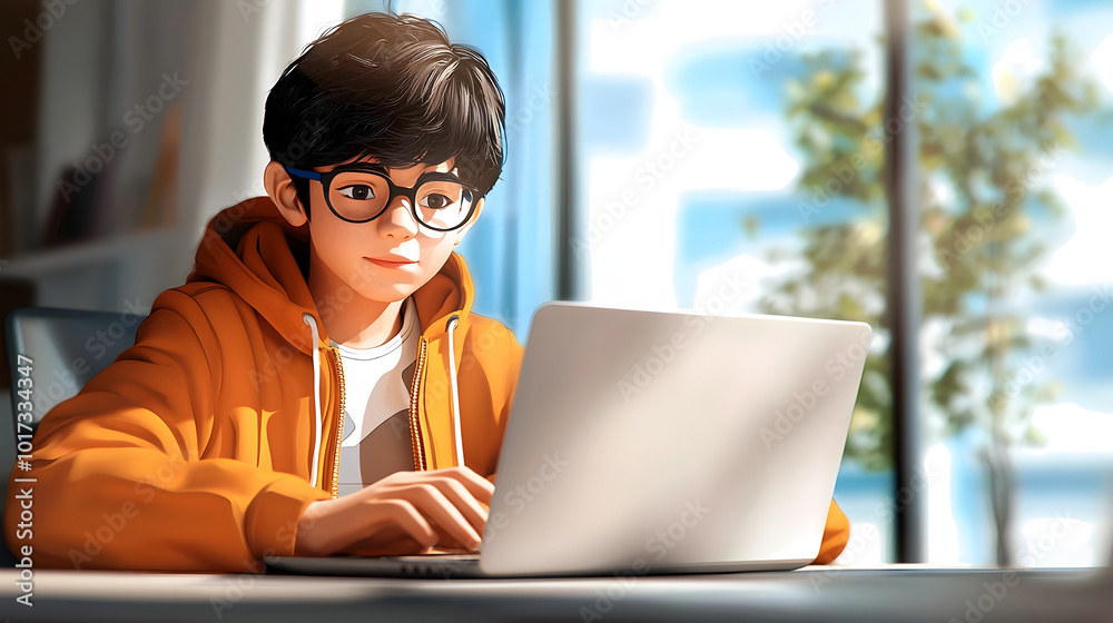 Teenage Boy Attending Virtual School from Home on Laptop with Robotic ...