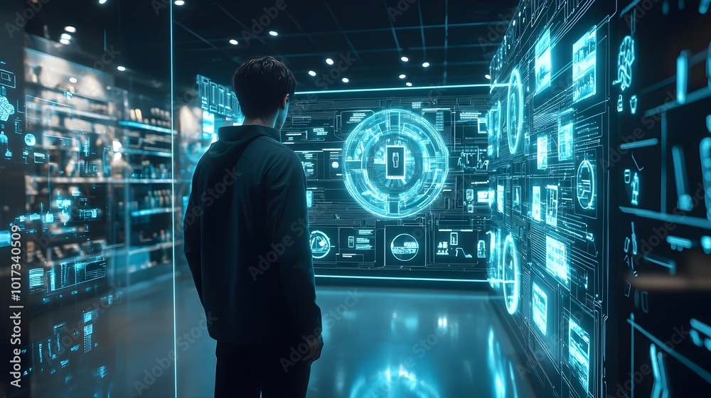 Futuristic digital retail environment featuring glowing holographic ...