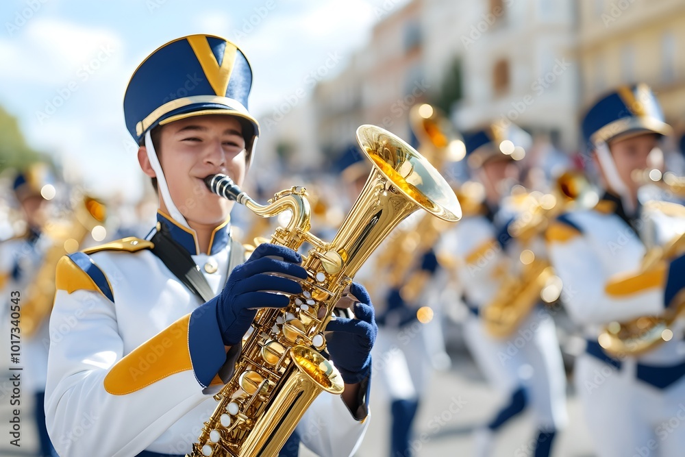 A low-angle image capturing a marching band performing in a grand ...