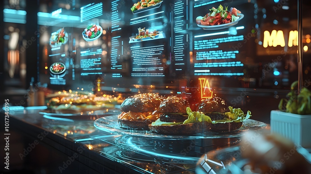 Augmented reality food court menu featuring a sleek futuristic digital ...