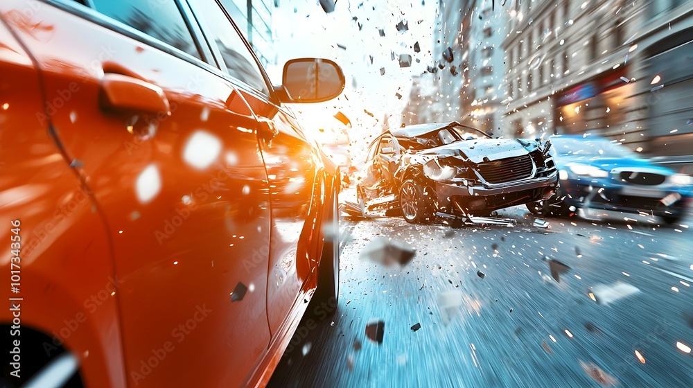 Futuristic car accident scene with a triadic color scheme capturing the ...