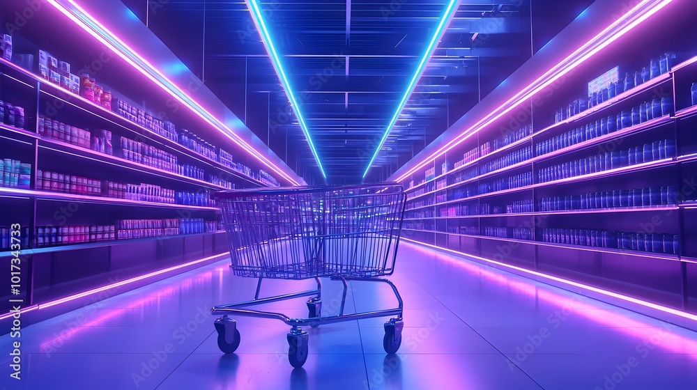 Futuristic shopping cart with holographic product displays glowing neon ...