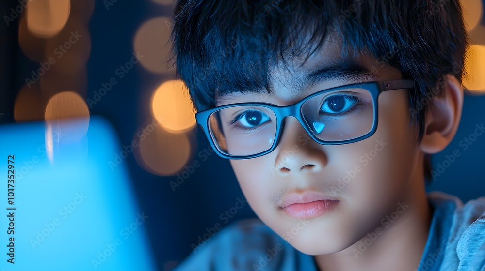 Portrait of a teenage boy attending virtual school from home typing on ...