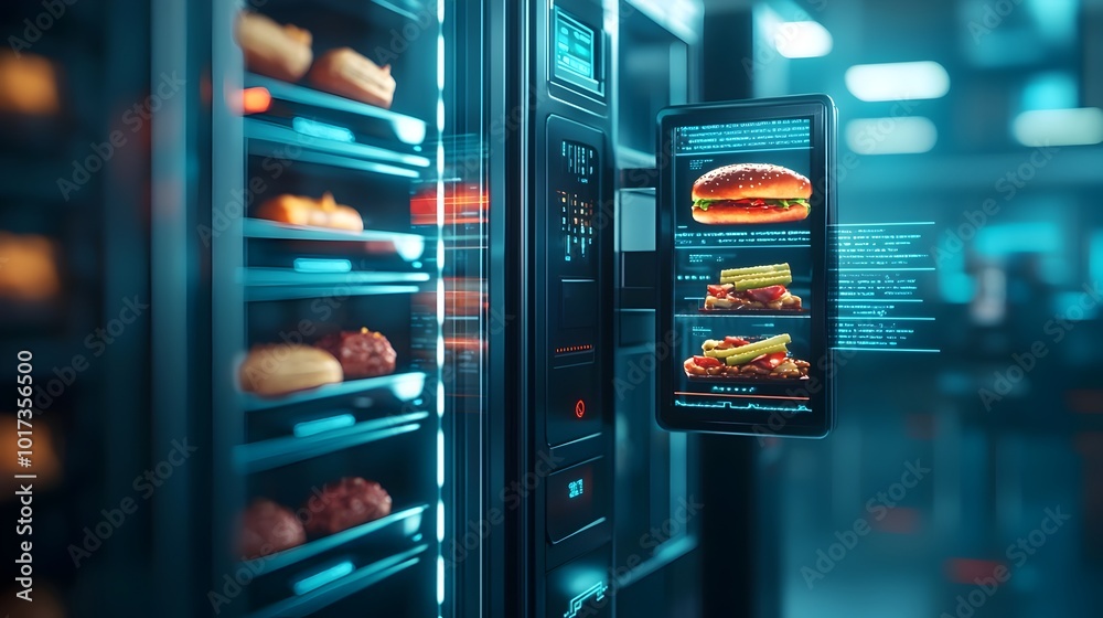 Futuristic AI powered vending machine with a sleek glowing holographic ...