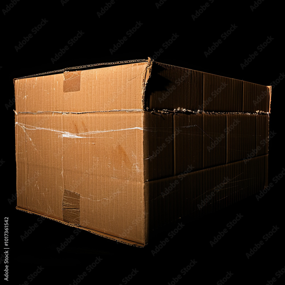 Large corrugated cardboard box with worn edges, open flaps, highlighted ...