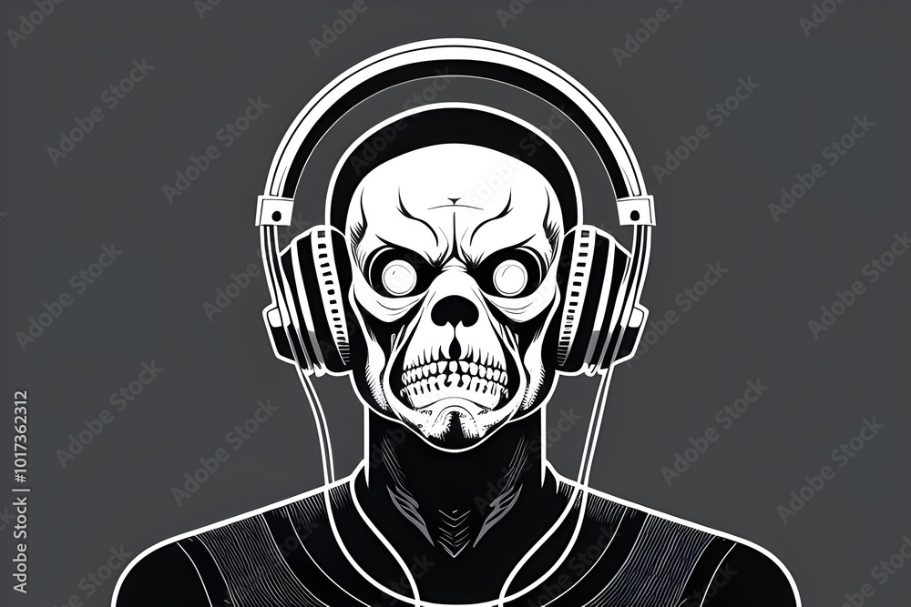monster, ghoul, zombie, skull, wearing headphones sketch engraving ...
