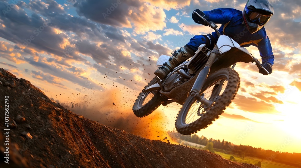 Motocross rider jumping high over a dirt ramp with their motorcycle mid ...