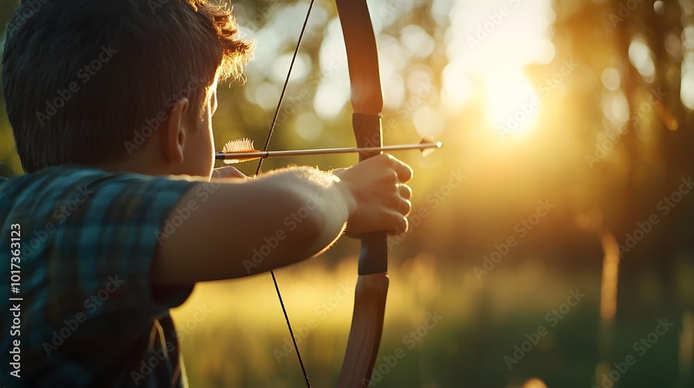 Archery athlete intensely focused drawing a bow and arrow aimed at a ...