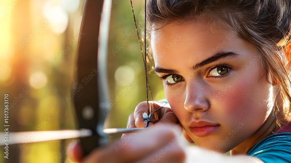 Intense focus of an archery athlete as they draw their bow and aim an ...