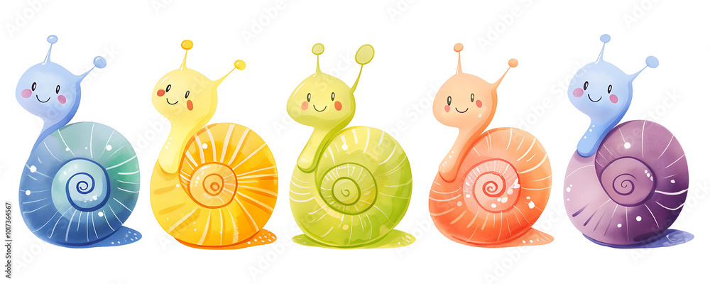 Five colorful, cartoon-style snails with different spiral shell ...