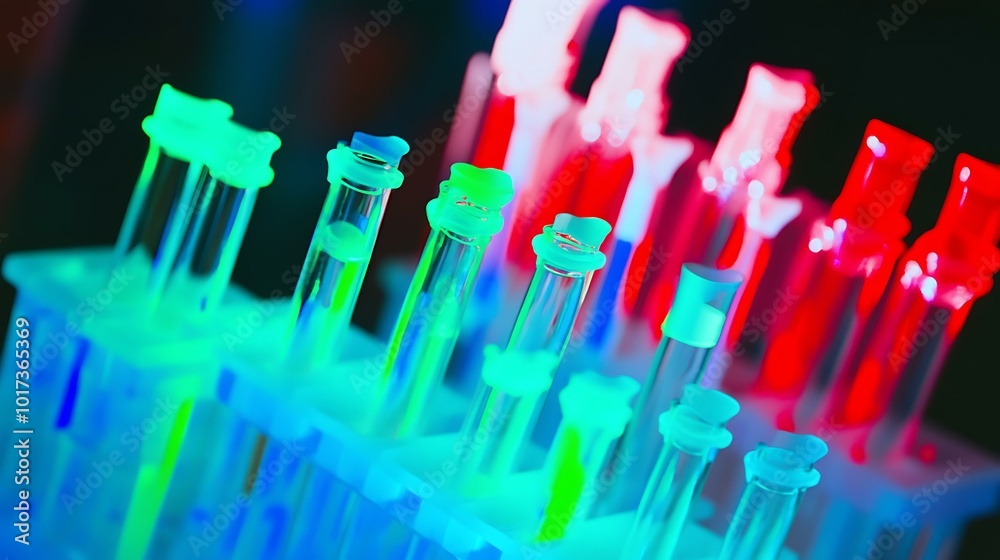 Colorful DNA gel electrophoresis bands glowing in a spectrum of blue ...