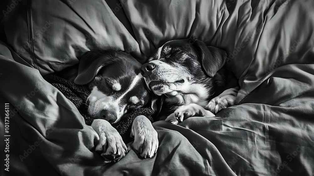Two dogs in a loving embrace, sleeping under a blanket on a bed, their ...