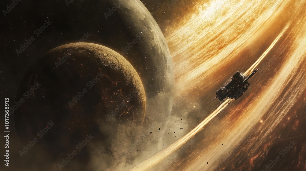 A close-up of a spacecraft flying between two massive planets in a ...
