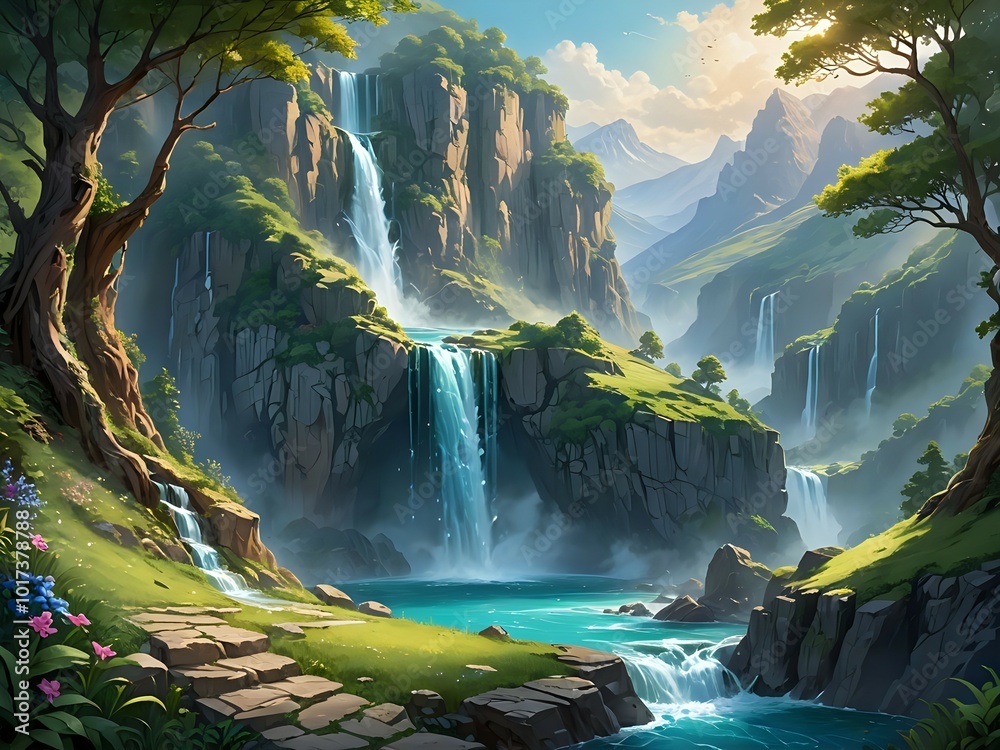 In a hidden valley, a crystal waterfall flows down a steep cliff ...