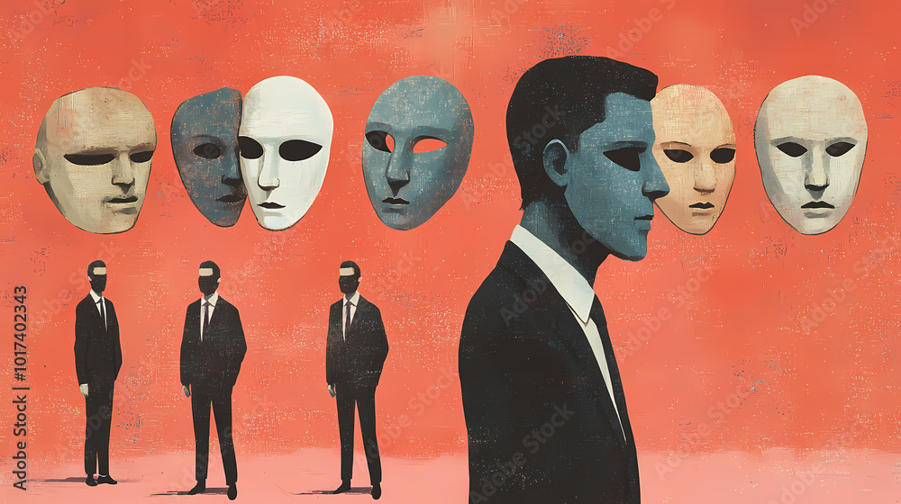 Illustration of businessman without face choosing the right mask to ...